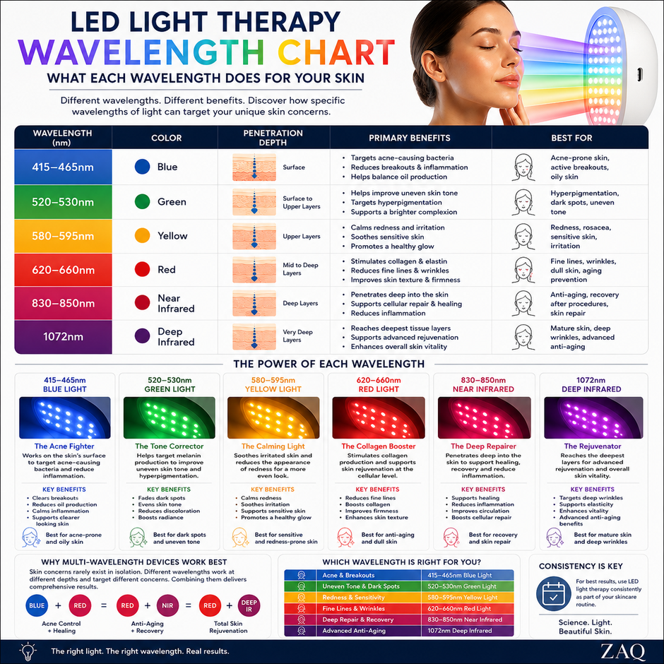 LED Light Therapy Wavelength Chart: Benefits of 465nm, 630nm, 850nm ...