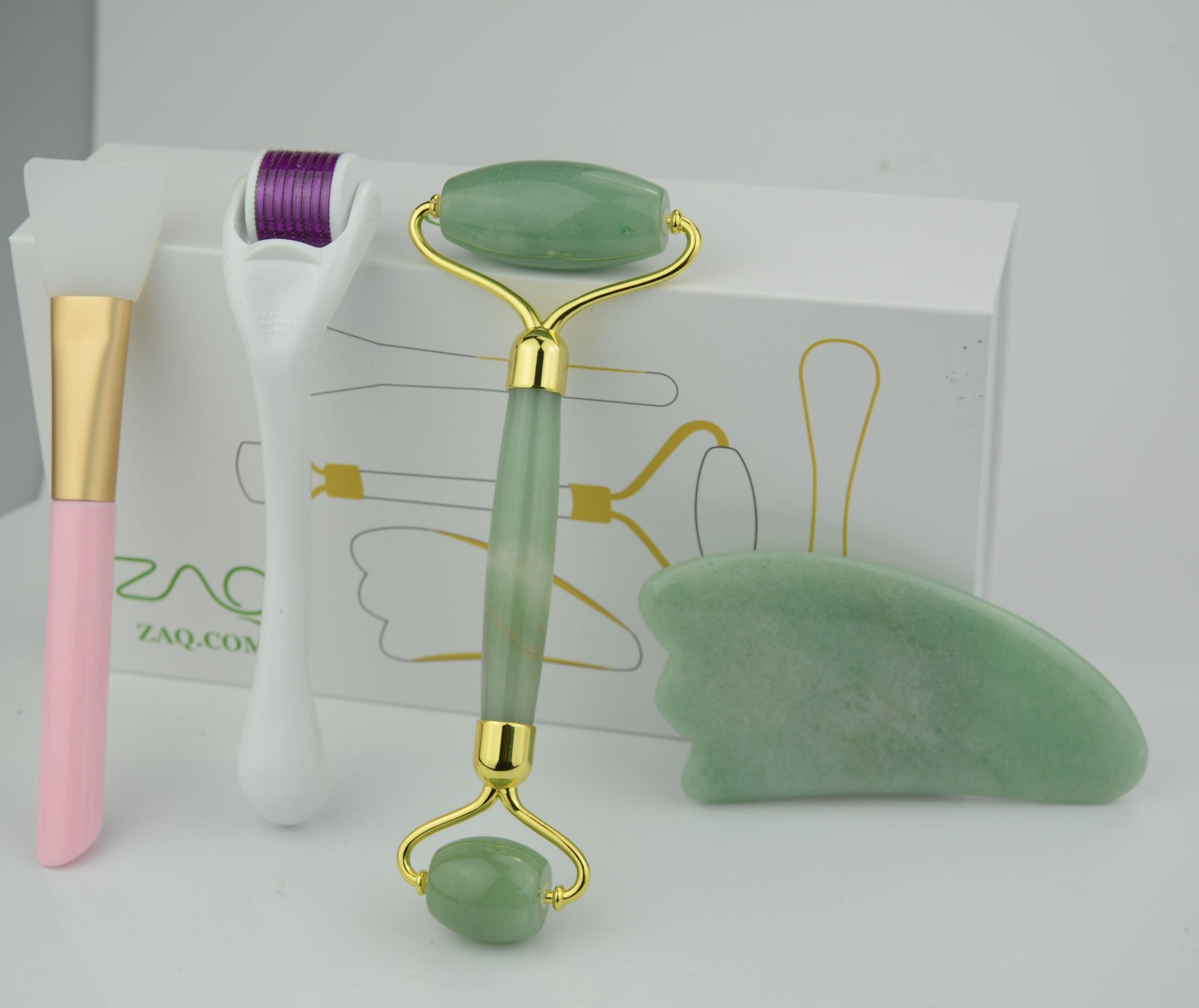 Jade Facial Roller, Gua Sha, Brush and DERMA ROLLER Set – ZAQ